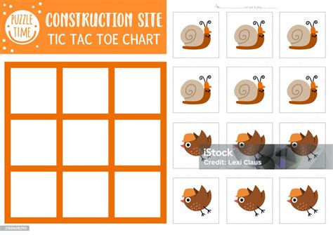벡터 건설 현장 박하 사탕 발가락 차트 달팽이와 새 노동자 안전모 귀여운 캐릭터가 등장하는 보드게임 경기장 재미있는 인쇄 가능한 워크시트입니다 Noughts And