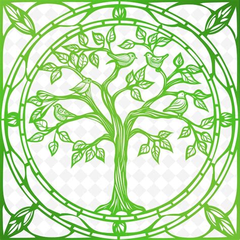 Premium Psd Stained Glass Panel Outline With Tree Of Life Design And Bi Illustration Frames