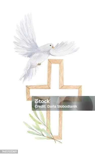 수채화 기독교 삽화 예수 그리스도는 부활 나무 십자가 올리브 비둘기입니다 부활절 교회 출판물 인쇄물 첫 영성체 가톨릭 정교회 세례 개신교 부활절 카드 비둘기에 대한 스톡