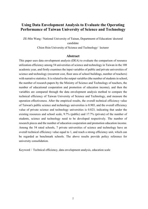 Pdf Using Data Envelopment Analysis To Evaluate The Operating Performance Of Taiwan University