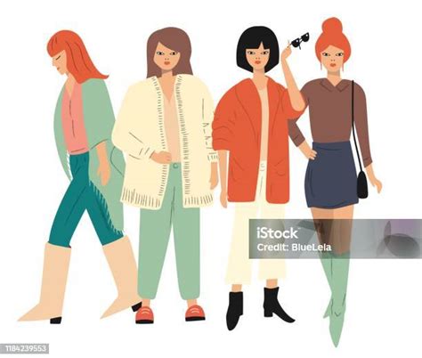 가을 옷을 입은 네 명의 청녀들이 서서 걷고 있었다 흰색에 격리 플랫 벡터 일러스트레이션 가을에 대한 스톡 벡터 아트 및 기타 이미지 Istock