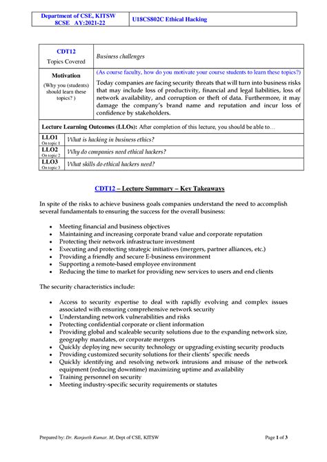 Eh Week 4 12 Notes For Eh Department Of Cse Kitsw 8cse Ay2021 22 U18cs802c Ethical Hacking