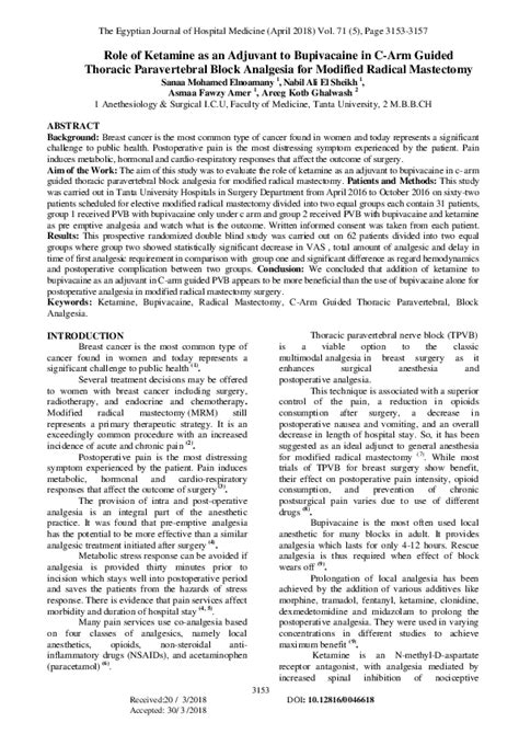 Pdf Thoracic Paravertebral Block For Analgesia After Modified Radical Mastectomy Gaurav