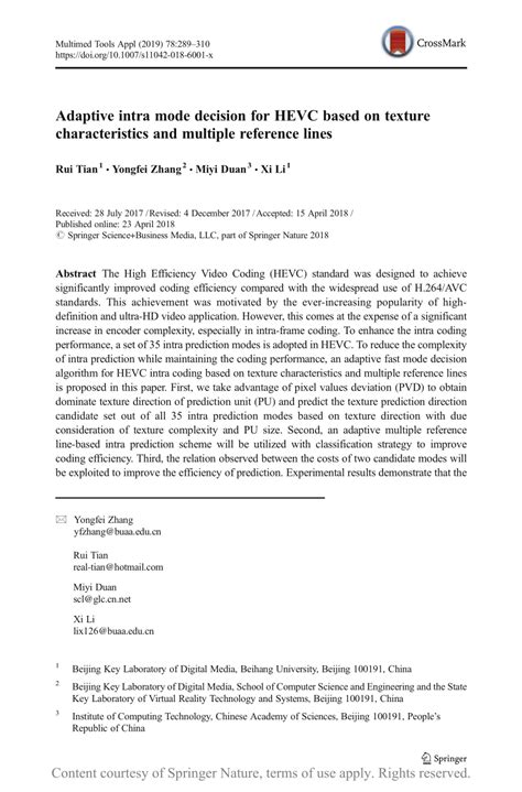 Adaptive Intra Mode Decision For Hevc Based On Texture Characteristics And Multiple Reference