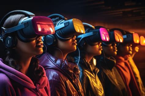 Premium Ai Image People Wearing Virtual Reality Headset Vr Goggles Innovation Technology