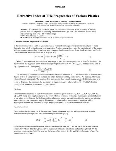 Refractive Index At Thz Frequencies Of Various Plastics Physics