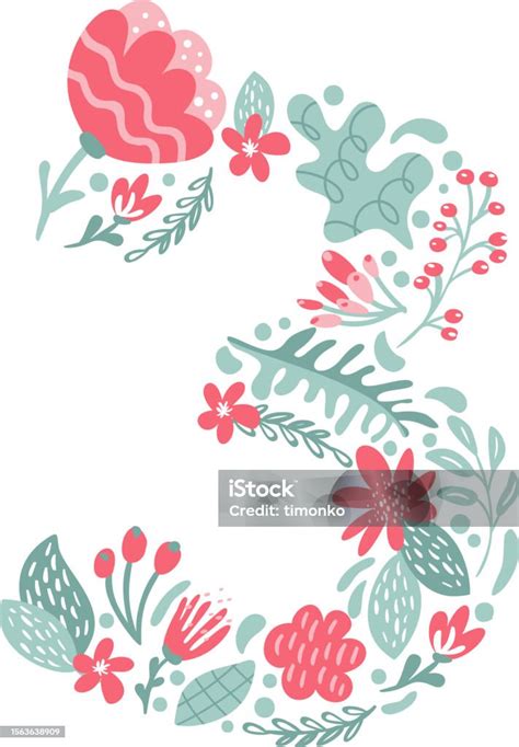 벡터 손으로 그린 글꼴 번호 3 꽃과 가지가 있는 세 가지 꽃이 만발한 봄 꽃 알파벳 타이포그래피 여름 편지 모노그램 또는 로고