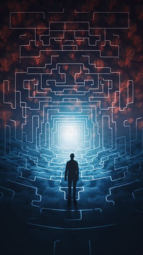A Man Standing In Front Of A Maze With A Light At The End Generative Ai Image Stock