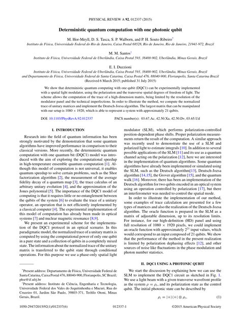 Pdf Deterministic Quantum Computation With One Photonic Qubit