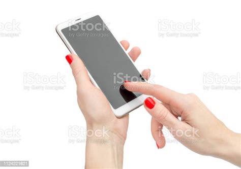 여자의 손 빈 화면으로 스마트폰을 사용 하 여입니다 백색에 절연 되어 있습니다 검은색에 대한 스톡 사진 및 기타 이미지 검은색 공란 만짐 Istock