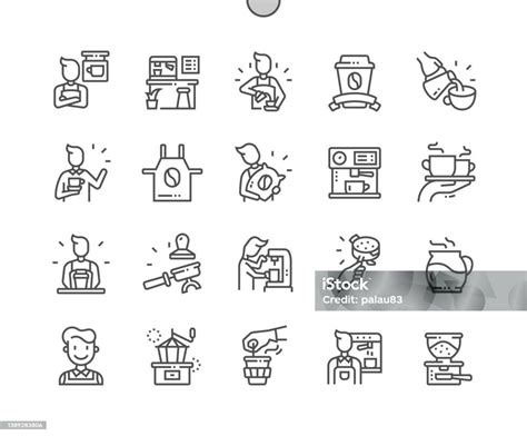 바리스타 커피를 만드는 것 커피 빻는 기구 포르타필터 픽셀 완벽한 벡터 얇은 선 아이콘 간단한 최소 그림 바리스타에 대한 스톡 벡터 아트 및 기타 이미지 Istock