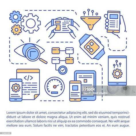 소프트웨어 테스트 문서 페이지 벡터 템플릿입니다 모바일 테스트 응용 프로그램입니다 앱 개발 브로셔 잡지 선형 아이콘소책자 디자인