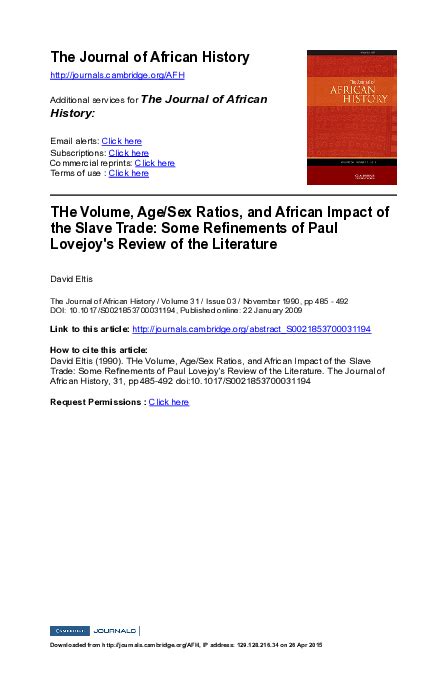Pdf The Volume Agesex Ratios And African Impact Of The Slave Trade Some Refinements Of