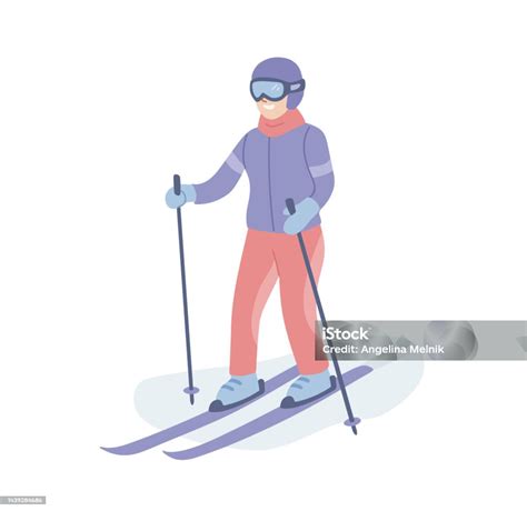 눈 위에서 스키를 타는 여성 스키어 겨울 스포츠 겨울 활동 경쟁 하늘을 타고 있는 여자 운동가 평면 벡터 그림입니다 스키 보호안경에 대한 스톡 벡터 아트 및 기타 이미지