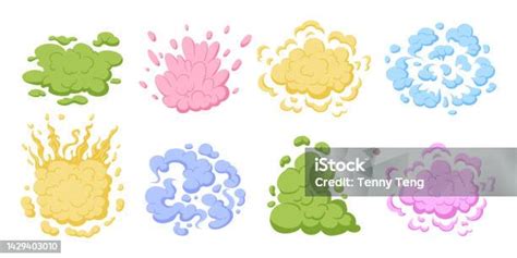 만화 다채로운 구름 녹색 파란색과 분홍색 연기 스트림 파스텔 색상은 먼지가 찐 구름 만화책 구름은 평평한 벡터 기호 일러스트 컬렉션을 퍼프합니다 김이 나는 먼지 퍼프 세트