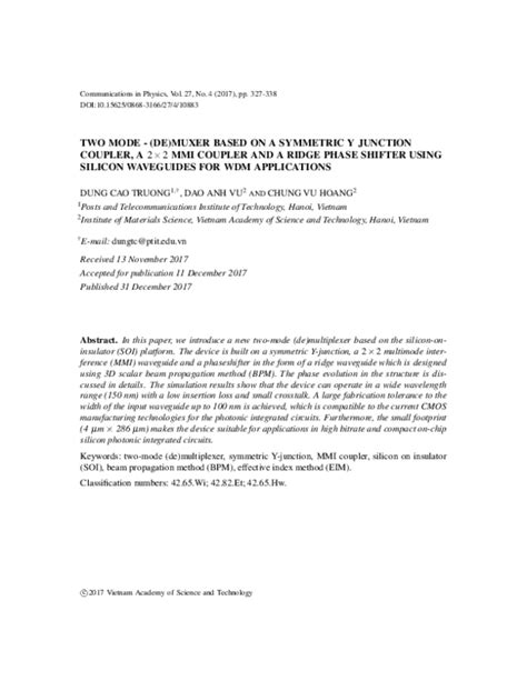 Pdf Two Mode Demuxer Based On A Symmetric Y Junction Coupler A 2times 2 Mmi Coupler