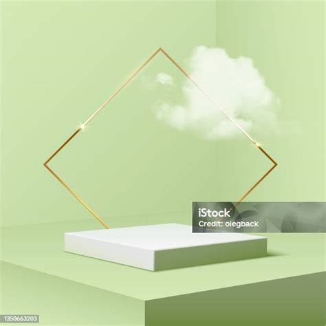 연단과 하늘 구름 3d 스테이지 스튜디오 렌더링 벡터 일러스트레이션에 제품 디스플레이 최소한의 추상 플랫폼 받침대 렌더링 기하학적 모양 녹색 파스텔 배경의 현대적인 연단 상