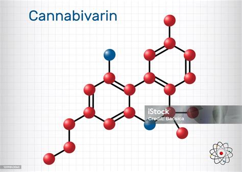 칸 나비 바린 Cbv 분자 그것은 대마초 Sativa에서 발견 된 천연 제품이며 비 정신 활성 카나비노이드입니다 구조 화학 공식 및 분자 모델 케이지에 있는 종이 시트 0