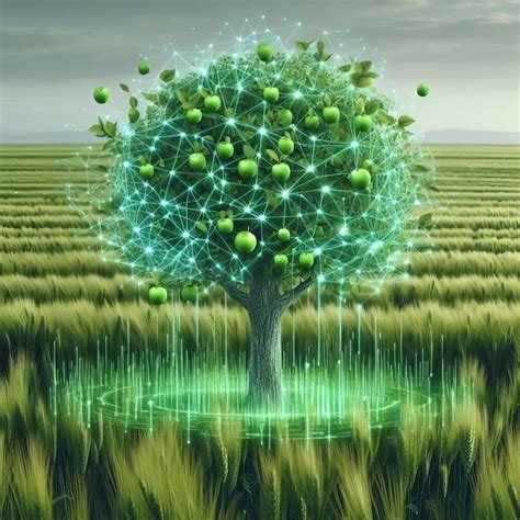 Premium Photo Green Tree With Branches In The Form Of A Digital Network Electronic Fruits