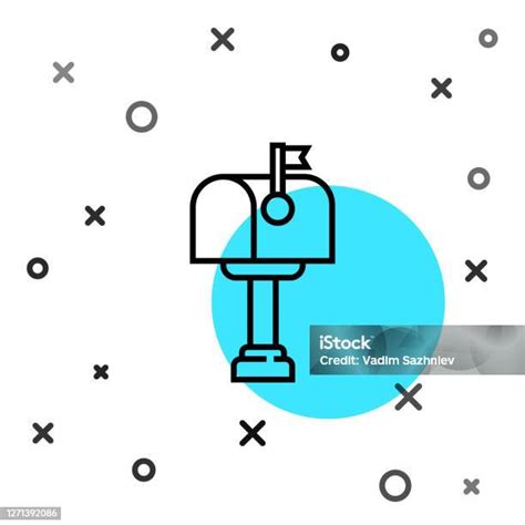 흰색 배경에 격리 된 검은 줄 메일 박스 아이콘 사서함 아이콘입니다 깃발이 달린 기둥에 우편함 임의동적 모양 벡터 일러스트레이션 우편함에 대한 스톡 벡터 아트 및 기타