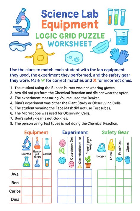 Science Lab Equipment Logic Grid Puzzle Worksheet Download And Print Now