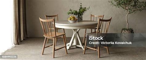 식당 테이블 고품질 일러스트 3d 렌더링 모형 빈 벽 스칸디나비아 식물이있는 국가 인테리어 디자인 0명에 대한 스톡 사진 및 기타 이미지 Istock