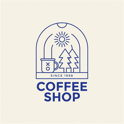 나무와 머그 삽화가 있는 커피숍 로고 모노라인 프리미엄 벡터