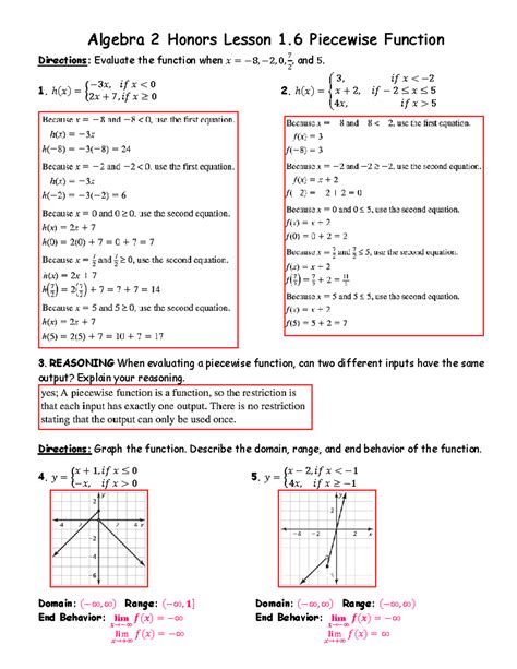 Hw 1 Algebra 2 Lesson 1 6 Algebra 2 Honors Lesson 1 Piecewise Function Directions Evaluate