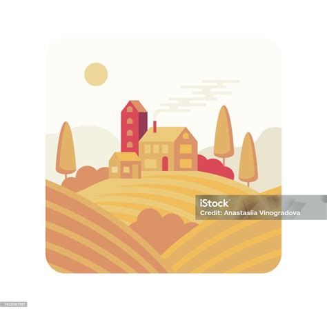 들판 사이의 농장 평평한 타일의 벡터 만화 일러스트 레이 션 전원 장면에 대한 스톡 벡터 아트 및 기타 이미지 전원 장면 프랑스 언덕 Istock