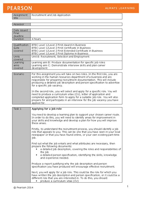 Authorised Assignment Brief For Learning Aim B And C Unit 8 Recruitment Selection And Employment