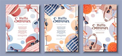 해변 액세서리가 있는 전단지 세트 고리 버들 가방 모자 안경 및 크림이 담긴 포스터 여름 휴가 해변 분위기 휴식 배너 포스터 광고용 A4 엽서 0명에 대한 스톡 벡터 아트