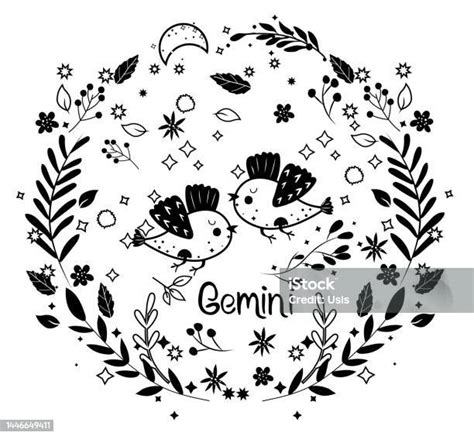 흑백 쌍둥이 자리 나뭇잎 꽃 별의 화려한 화환에 귀여운 조디악 귀여운 새 쌍둥이 자리 포스터 로고 카드에 적합합니다 점성술 쌍둥이 자리 조디악 벡터 그림입니다 검은색에 대한
