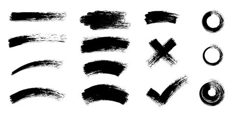 Grunge Brush Strokes의 집합의 벡터 그림 십자가 체크 표시 및 원 형태의 획 및 마커 넓은 브러시로 손으로 그린 붓놀림에 대한 스톡 벡터 아트 및 기타