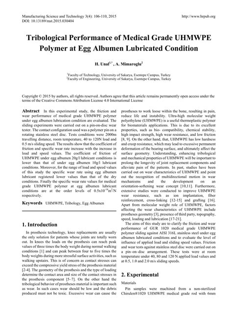 Pdf Tribological Performance Of Medical Grade Uhmwpe Polymer At Egg Albumen Lubricated Condition