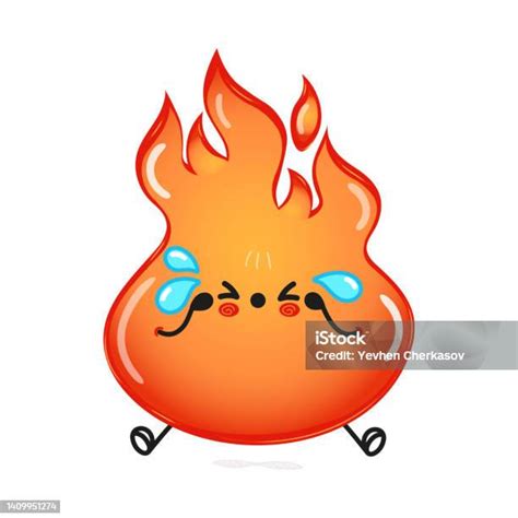 귀여운 슬픈 불 캐릭터 벡터 손으로 그린 만화 카와이 캐릭터 일러스트 레이 션 아이콘 흰색 배경에 고립되어 있습니다 슬픈 불 캐릭터 개념 0명에 대한 스톡 벡터 아트 및
