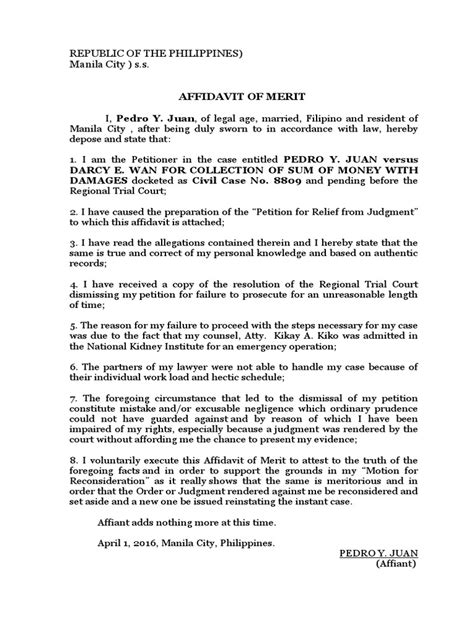 Affidavit Of Merit Sample Affidavit Judgment Law