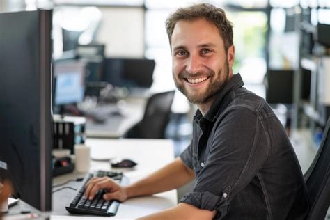 A Man Is Sitting At A Desk With A Computer And A Monitor Behind Him