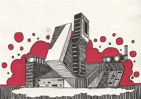 A Drawing Of A Building With Red Paint On It