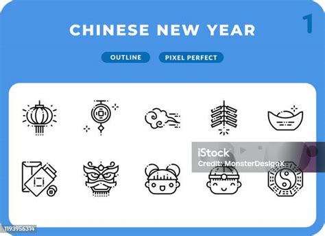 Ui에 대한 중국 새해 파선 윤곽선 아이콘 팩 웹 디자인 및 웹 사이트 응용 프로그램에 대한 픽셀 완벽한 얇은 라인 벡터 아이콘 세트 사자탈춤에 대한 스톡 벡터 아트 및