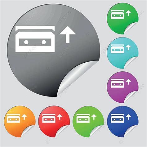 Vector Set Of Eight Round Buttons And Stickers With Multicolored Audio Cassette Icon Sign Vector