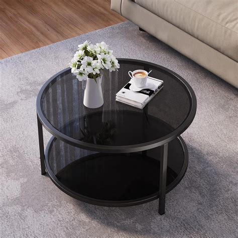 Saygoer 276 Round Coffee Table 2 Tier Black Glass Coffee