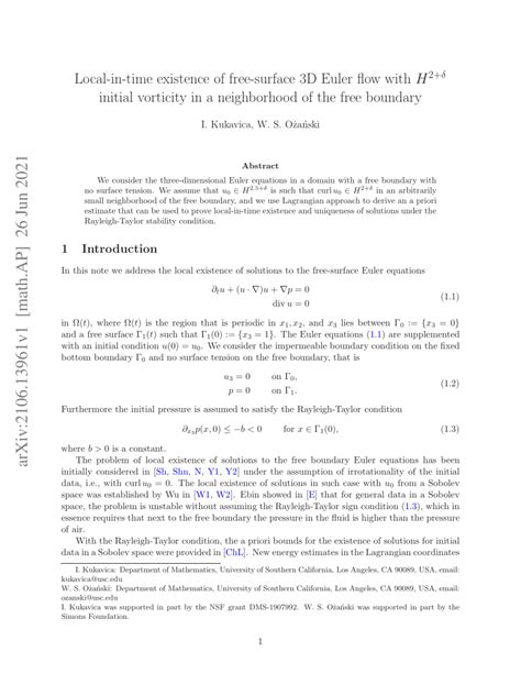 Pdf Local In Time Existence Of A Free Surface 3d Euler Flow With H 2δ Initial Vorticity In A