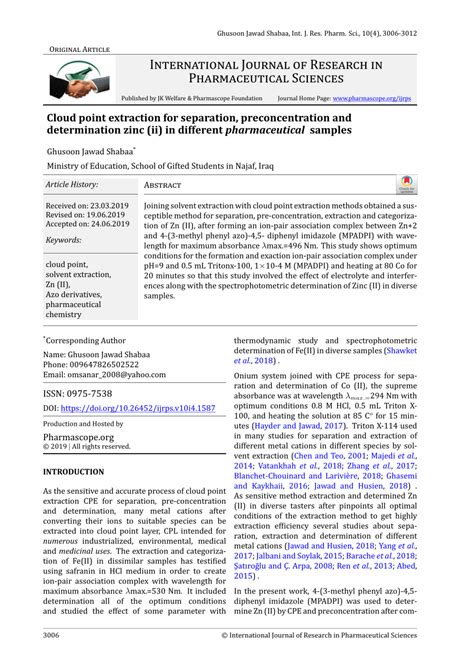 Pdf Cloud Point Extraction For Separation Preconcentration And Determination Zinc Ii In