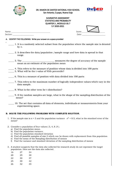 stat prob summative assessment module 6 7 dr ramon de santos