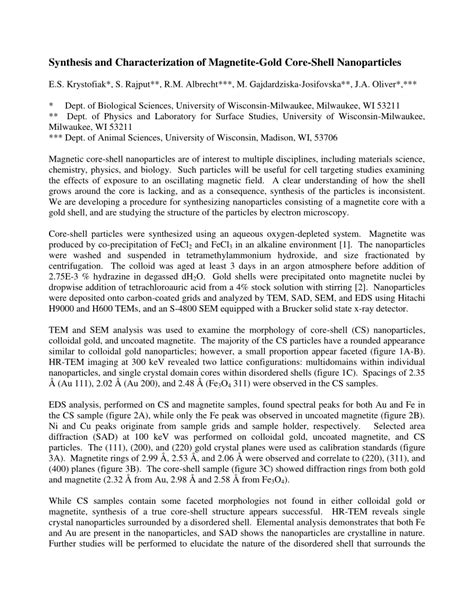 Pdf Synthesis And Characterization Of Magnetite Gold Core Shell Nanoparticles