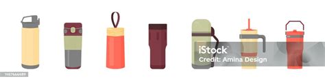 커피 병 세트 음료 물을 위한 컵의 평면 그림 차와 텀블러에 대 한 벡터 여행 머그잔 물병에 대한 스톡 벡터 아트 및 기타 이미지 물병 재사용 가능 컷아웃 Istock