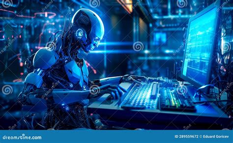 Hacker Robot In Room With Computer Security In Network Internet Stock