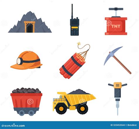 Mining Coal Industry Icons Set Tools And Equipment For Manufacture