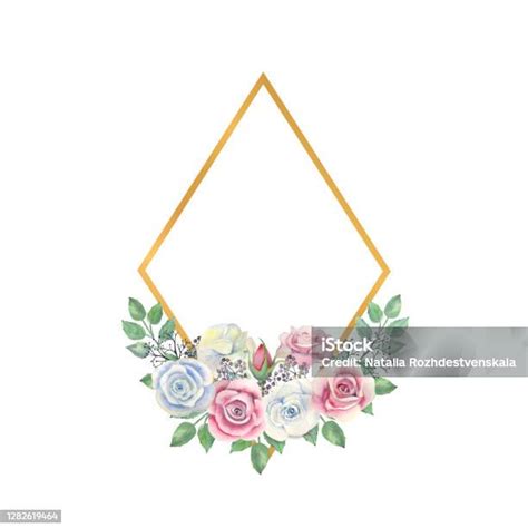 블루와 핑크 장미 꽃 녹색 잎 골드 다이아몬드 모양의 프레임에 딸기 수채화 일러스트레이션 0명에 대한 스톡 벡터 아트 및 기타
