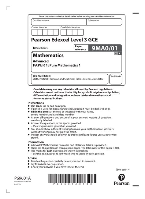 A Level Edexcel Maths June 22 Pure 1 Qp Centre Number Candidate